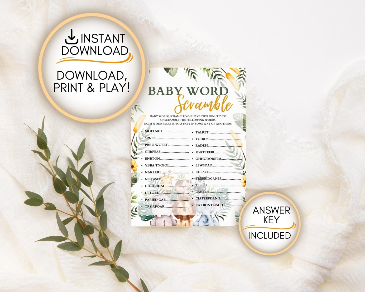 Safari Themed Baby Shower Word Scramble game: Editable PDF Download for ...