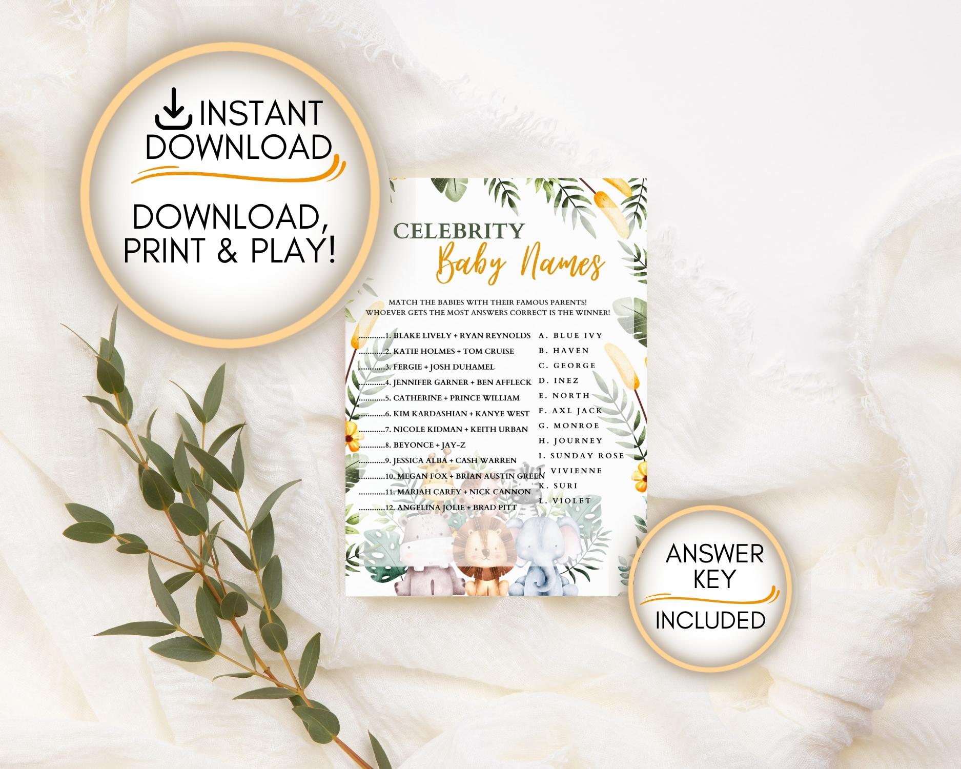 Safari themed Celebrity baby names game: Editable PDF Download for Baby ...