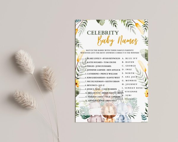 Safari themed Celebrity baby names game: Editable PDF Download for Baby ...