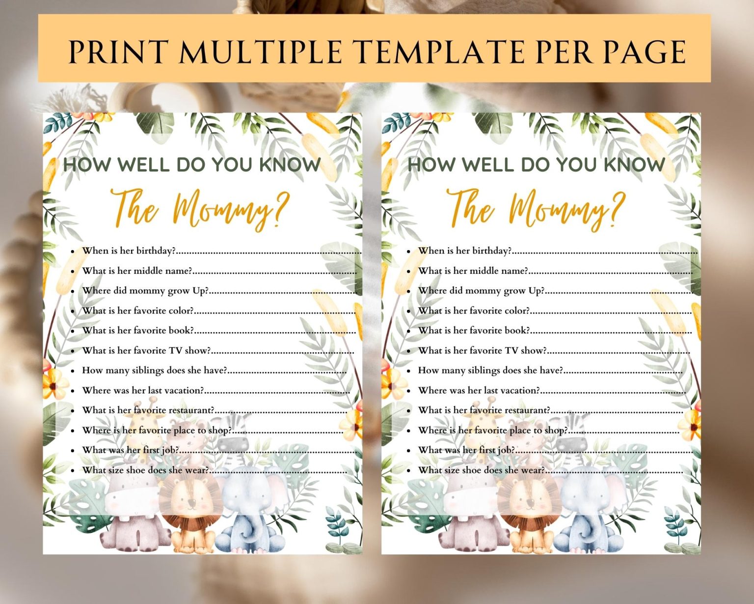 Safari Themed Baby Shower How well do you know the mommy game: Editable ...