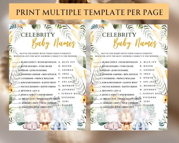 Safari themed Celebrity baby names game: Editable PDF Download for Baby ...