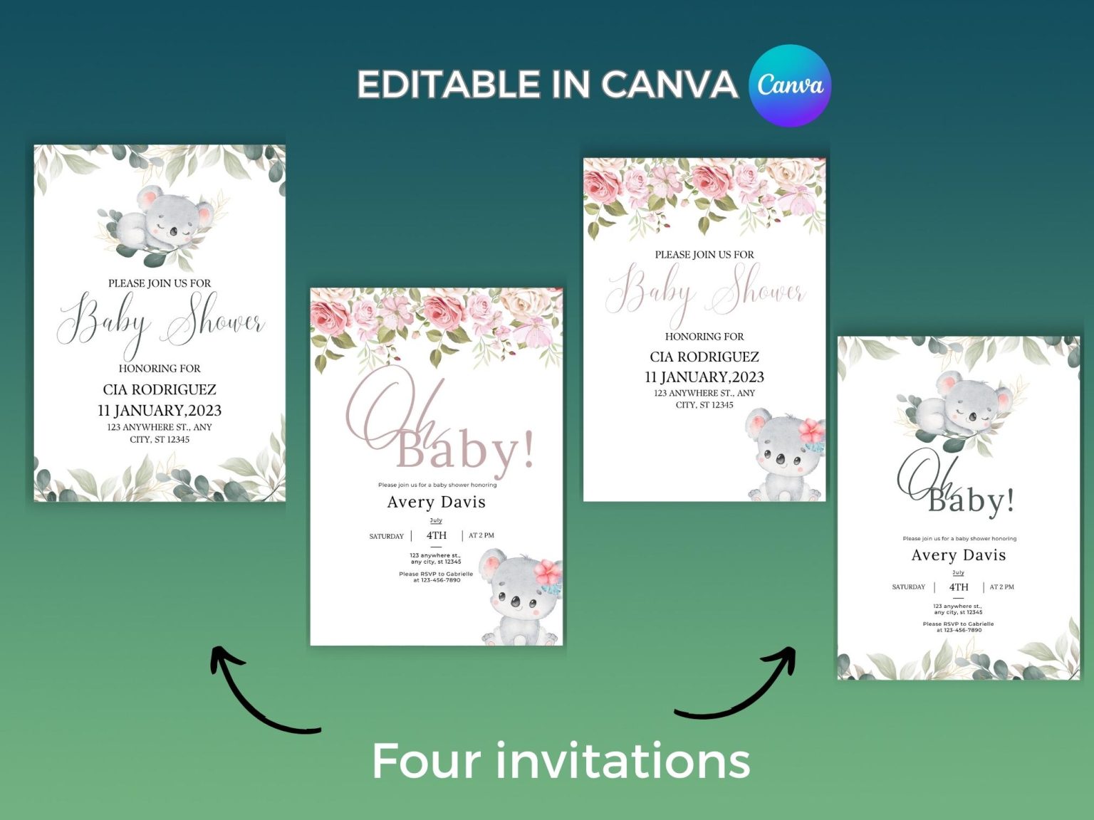 100+ Koala themed Baby Shower Printable Bundle editable Invitation ...
