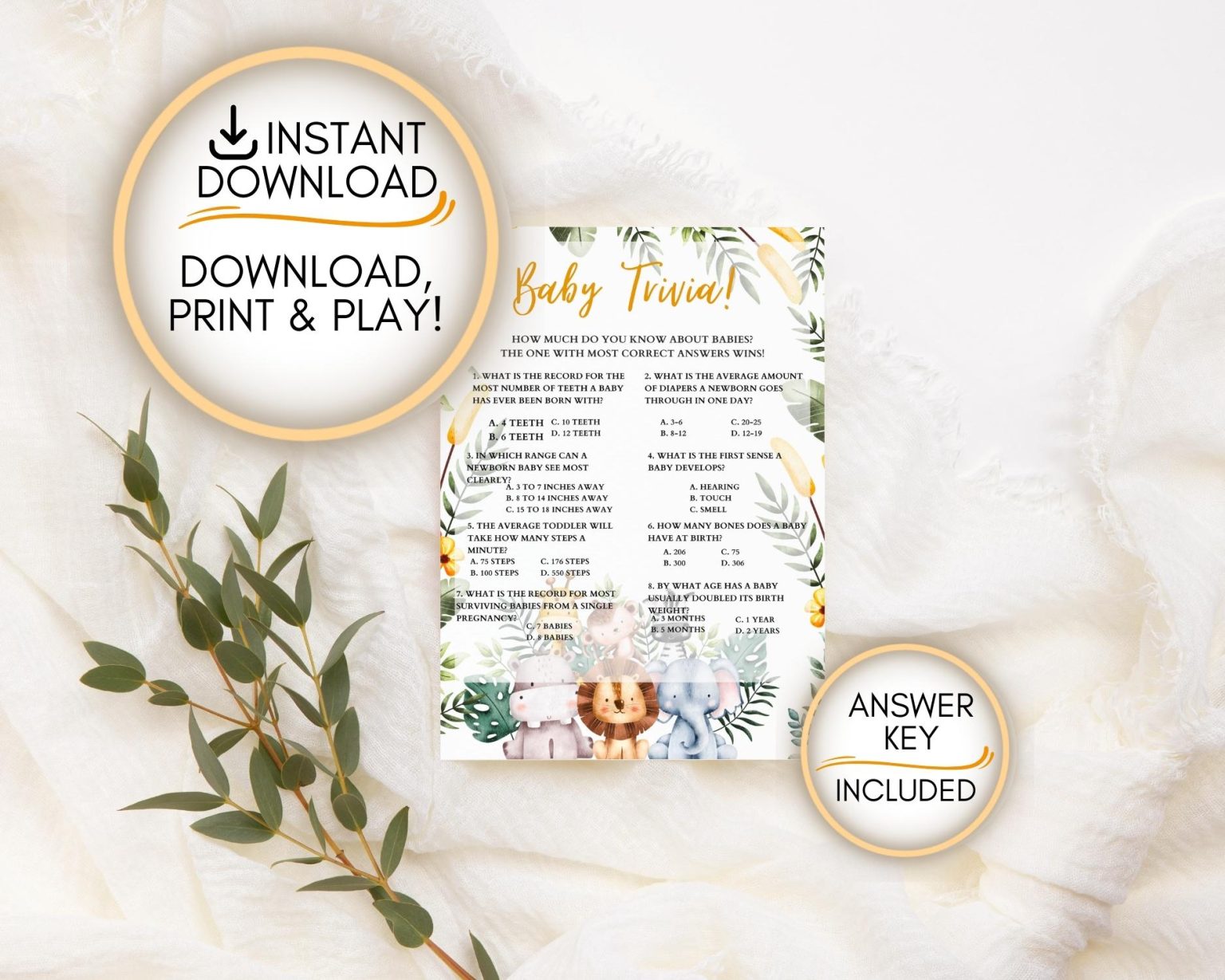 Safari themed Baby trivia baby shower game: Editable PDF Download for ...