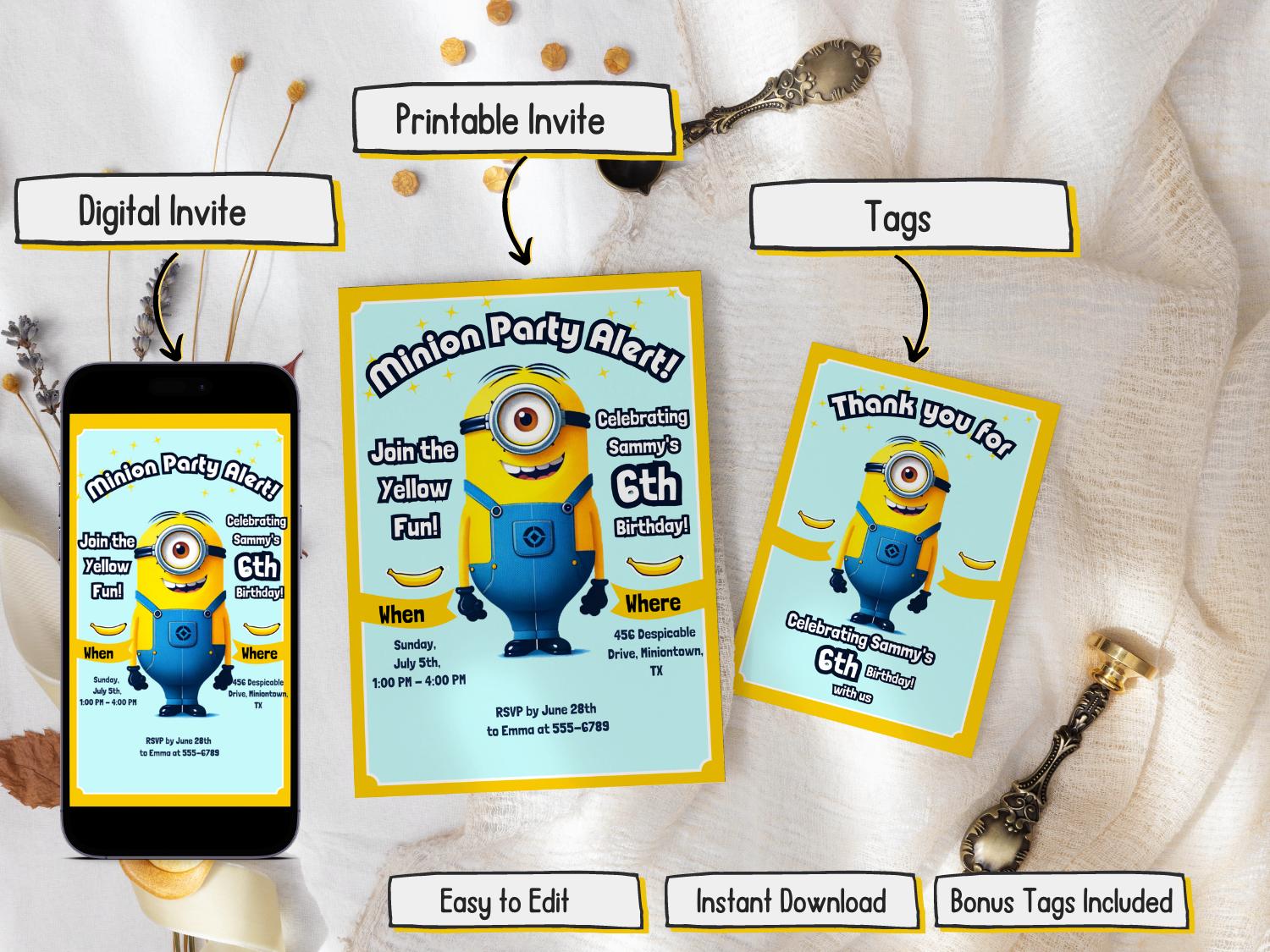 Minion Birthday Invitation and Tag Set: Printable Party Kit with Custom ...