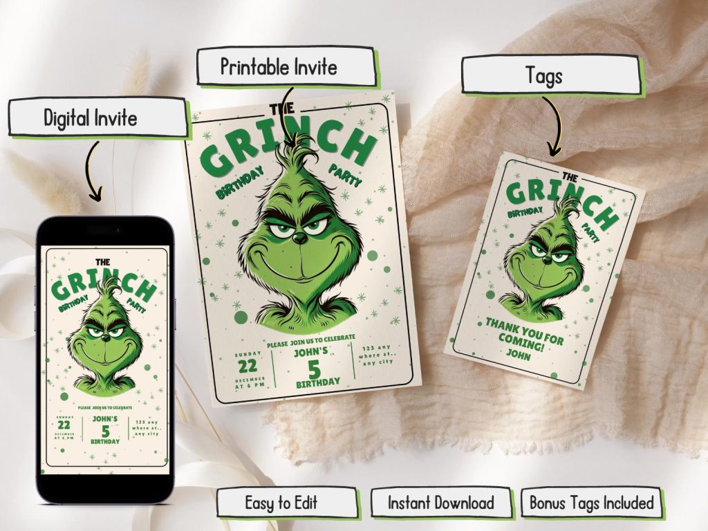 Grinch-Themed Invitations and Tags: Printable Holiday Party Set with ...