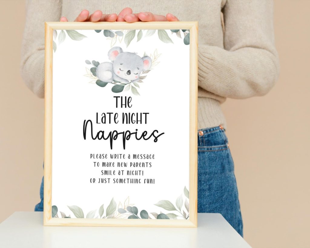 Late night diapers table sign printable for koala themed baby shower ...