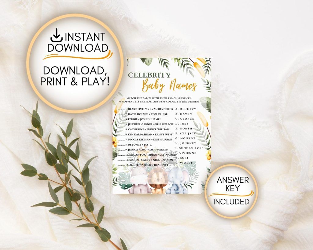Safari themed Celebrity baby names game: Editable PDF Download for Baby ...