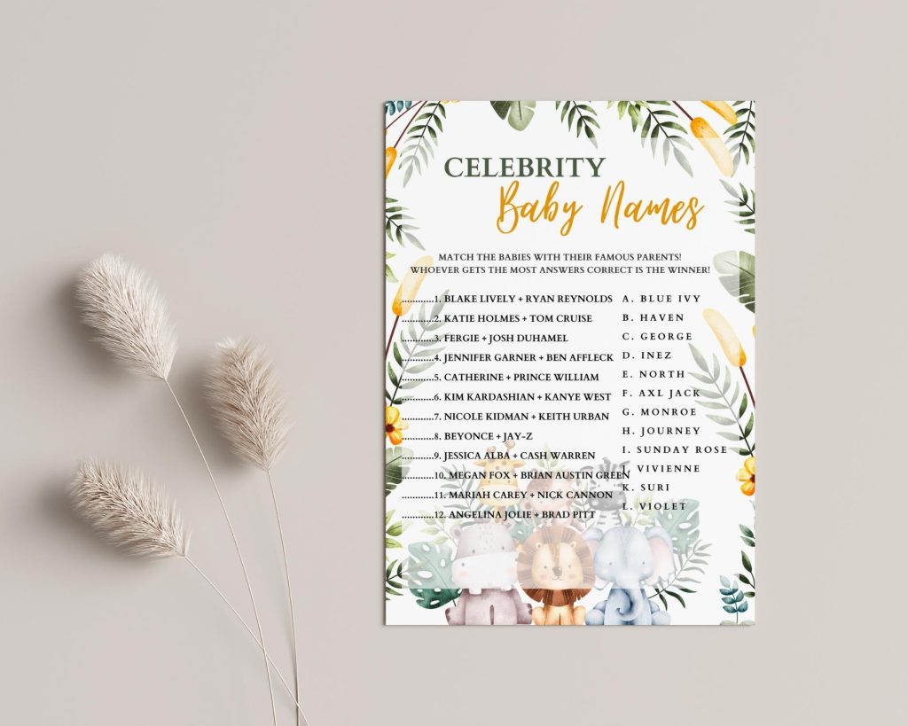 Safari themed Celebrity baby names game: Editable PDF Download for Baby ...