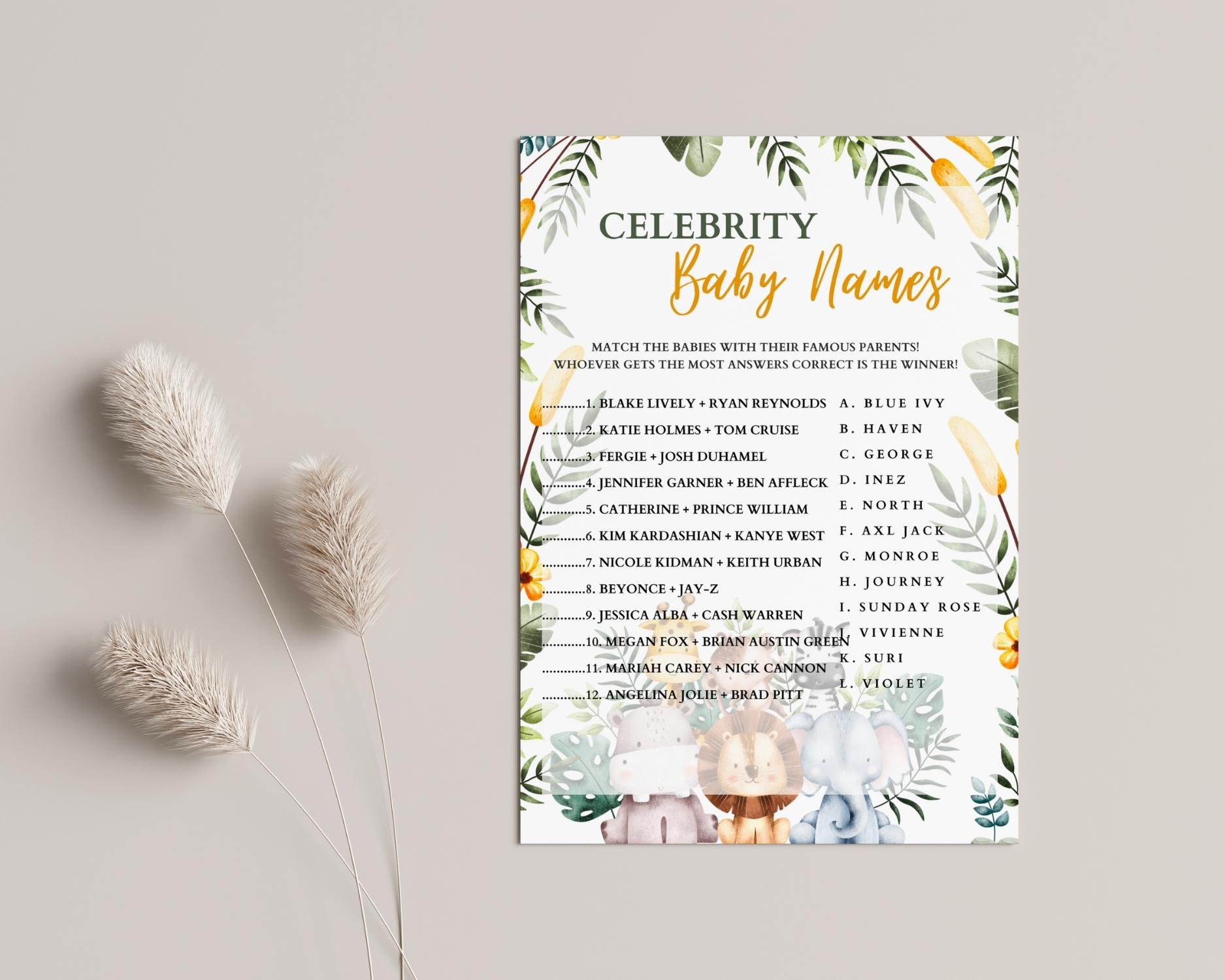 Safari themed Celebrity baby names game: Editable PDF Download for Baby ...