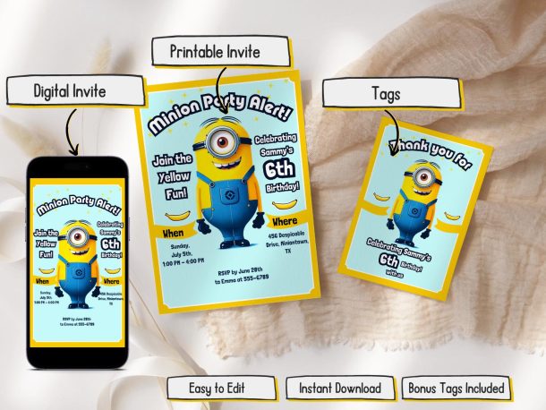 Minion Birthday Invitation and Tag Set: Printable Party Kit with Custom ...
