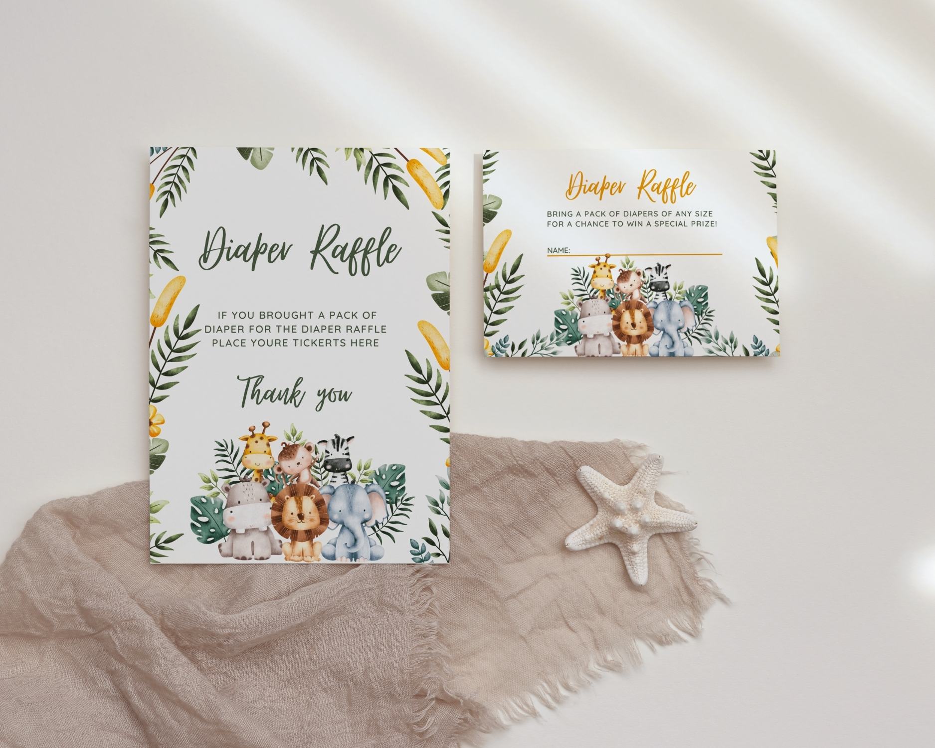 Diaper Raffle Set, table sign for baby shower party safari themed ...