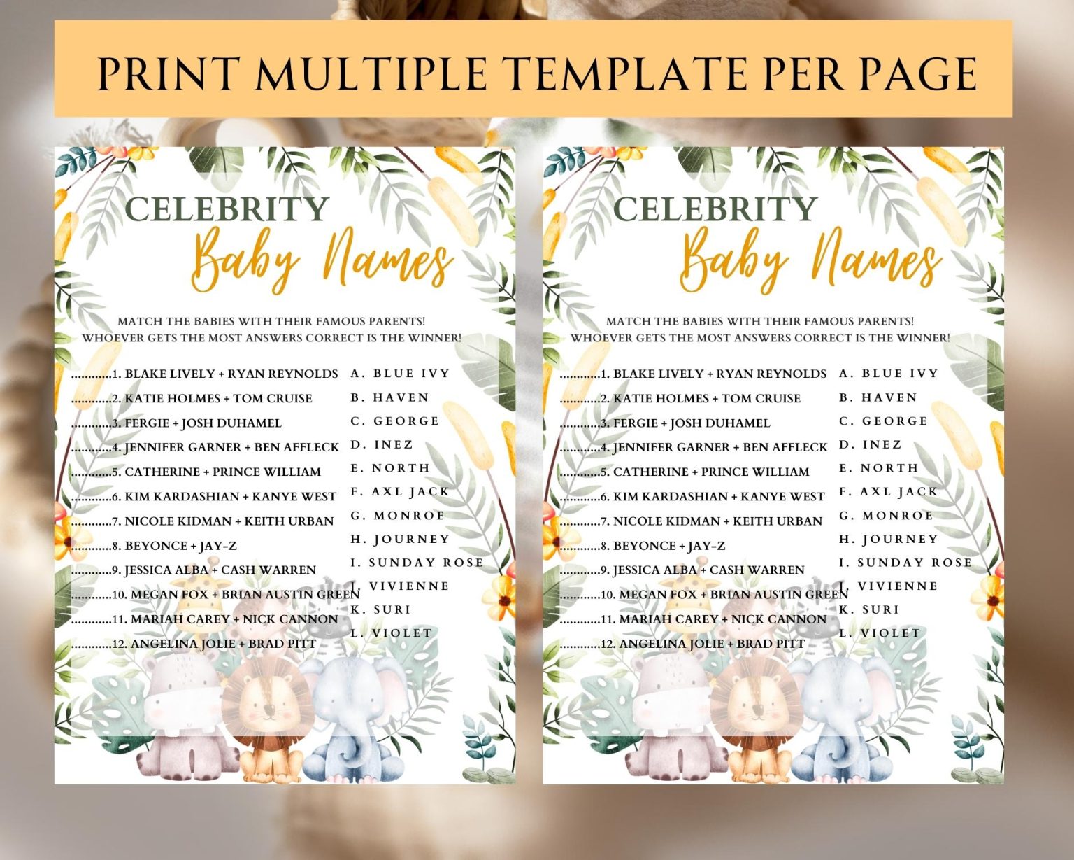 Safari themed Celebrity baby names game: Editable PDF Download for Baby ...