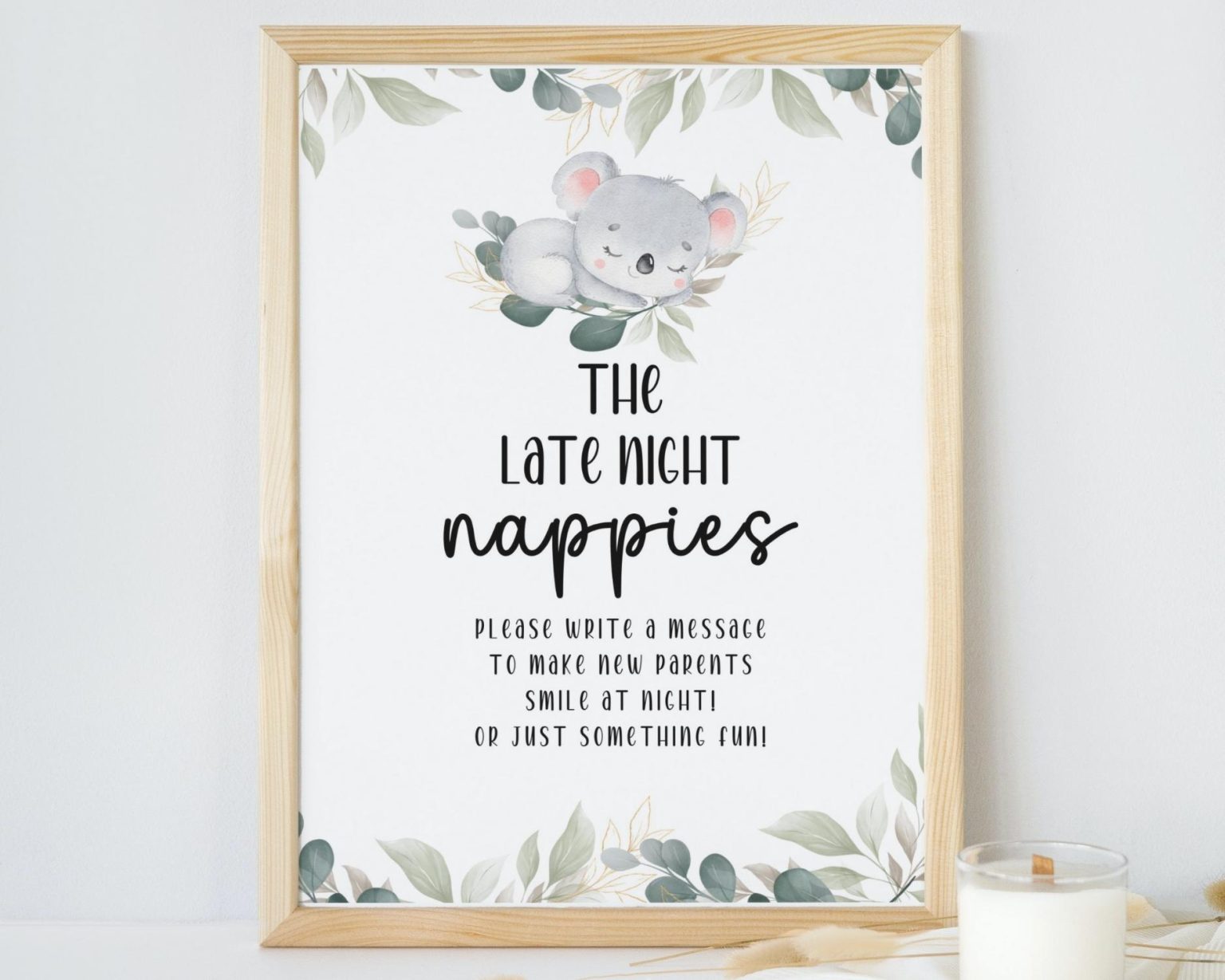 Late night diapers table sign printable for koala themed baby shower ...