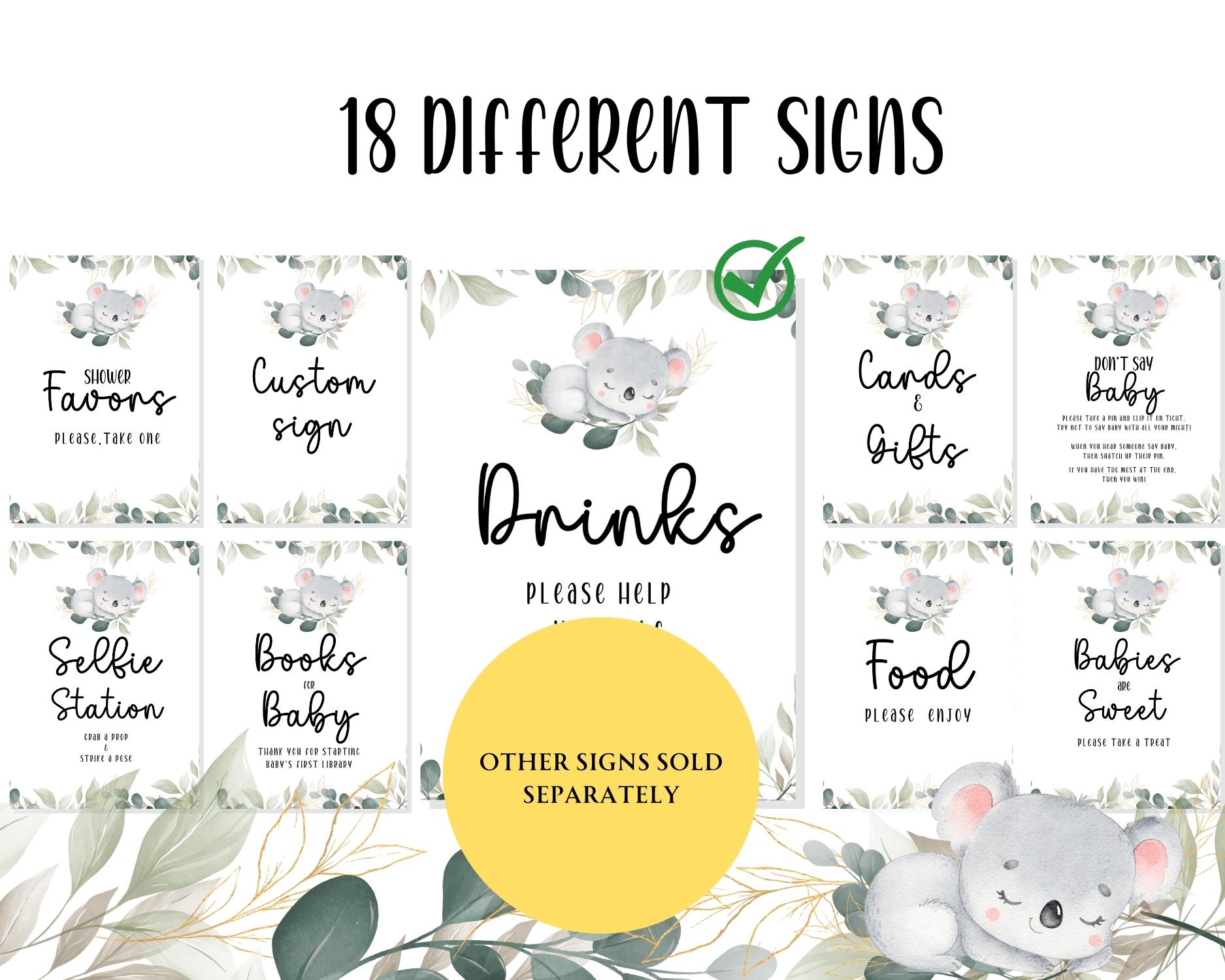 Drinks Table Sign printable for koala themed baby shower party ...