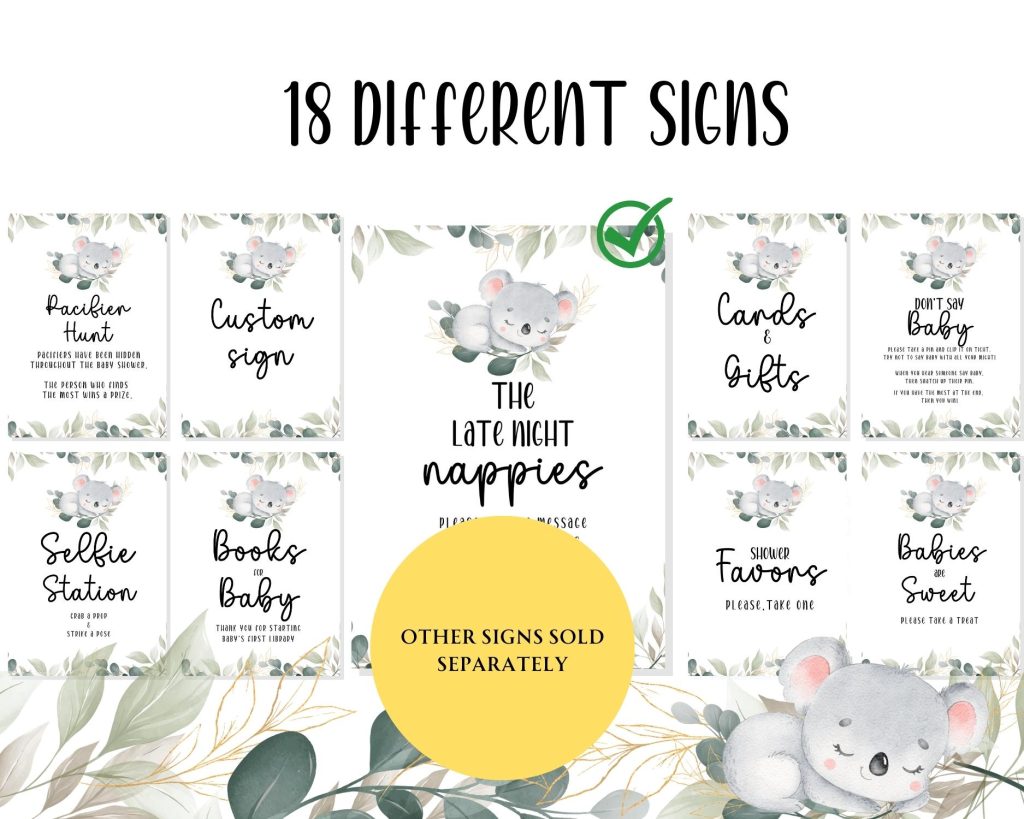 Late night diapers table sign printable for koala themed baby shower ...