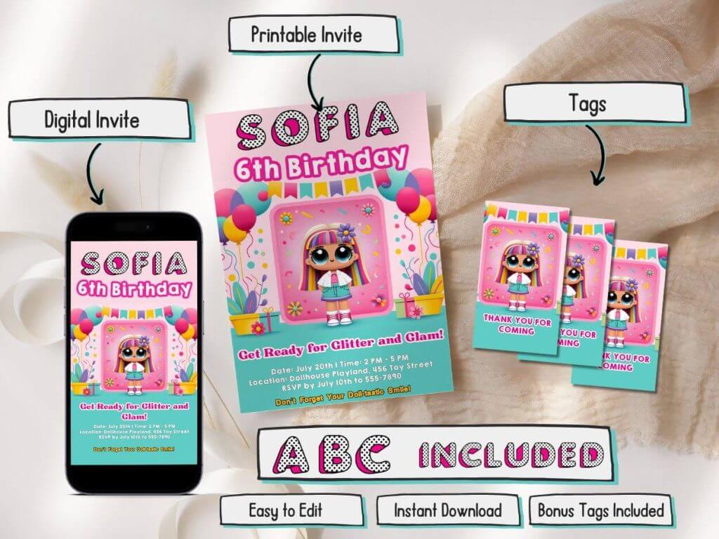 Dolls Invitation Editable template, lolDoll invitation, Pink Doll ... Dolls Invitation Editable template, lolDoll invitation, Pink Doll ...
