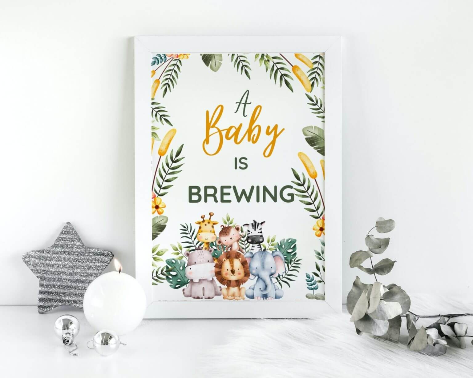 A baby is brewing table sign for baby shower party safari themed ...